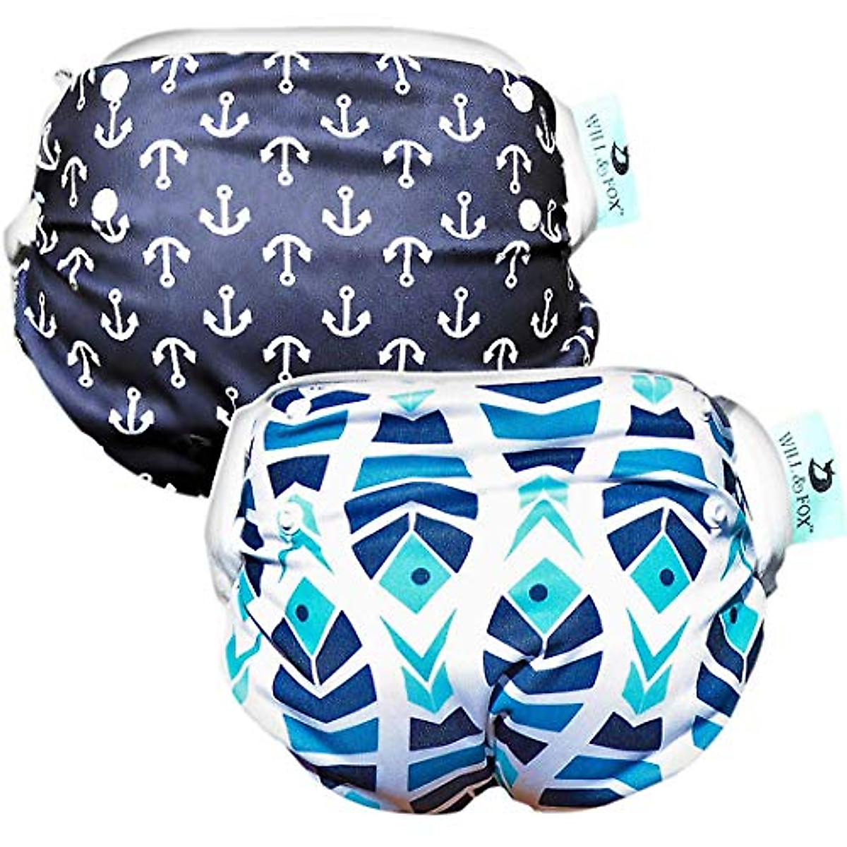 Reusable Swim Diapers for Babies, Infants & Toddlers - Adjustable Boys Swimming Diaper 0-2 Years, Eco-Friendly Washable with Snaps – Anchor & Fish – 2 Pack by Will & Fox
