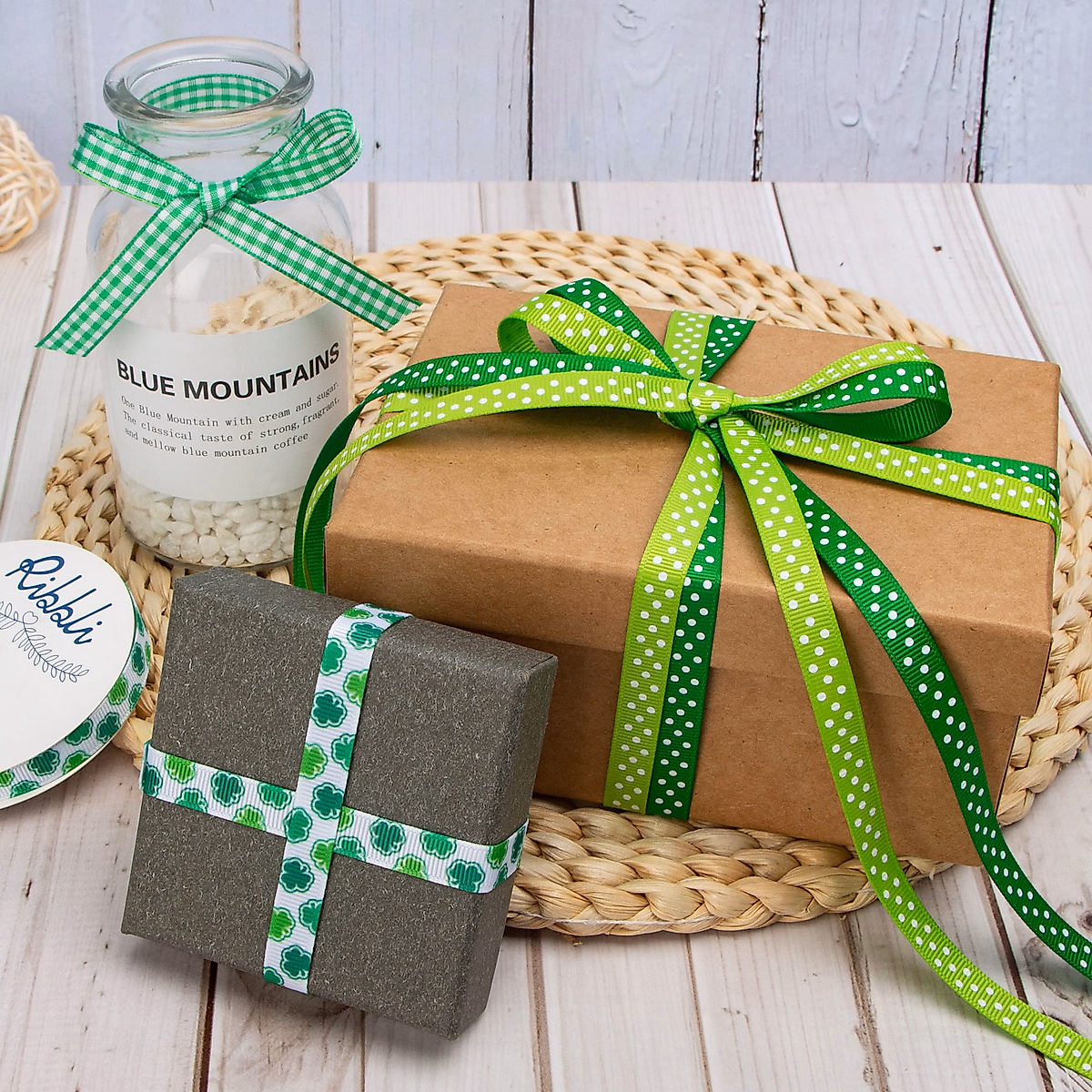 Ribbli 4 Rolls St Patricks Day Ribbon,Shamrock Ribbon Polka Dot and Green Gingham Ribbon,Use for Hair Bows,Wreath,Gift Wrapping,Party Decoration,3/8-Inch Total 40 Yards, Green White Ribbon