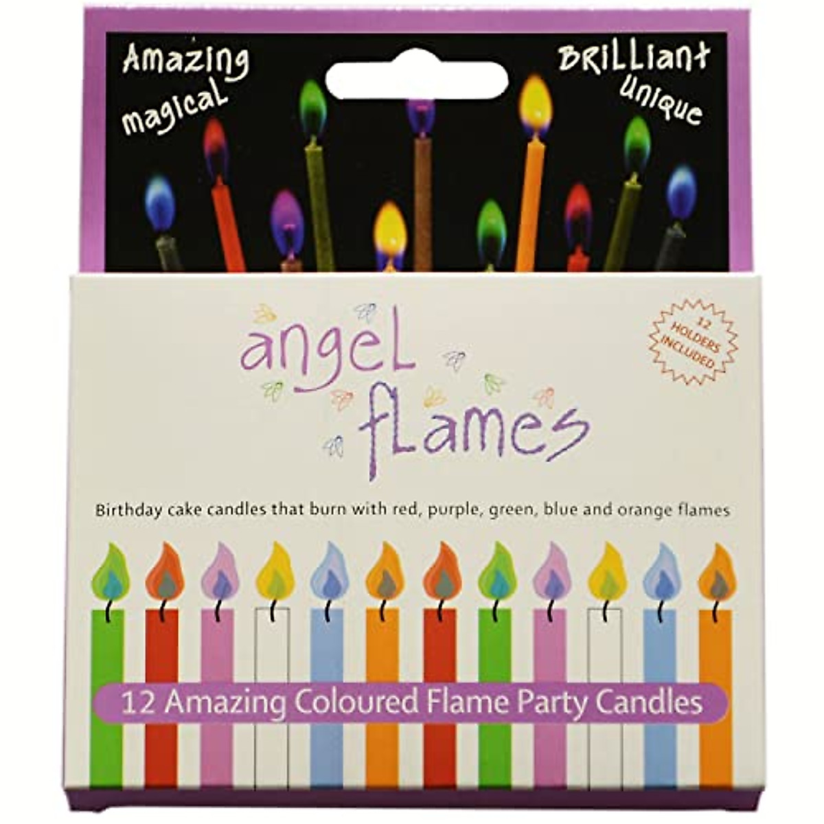 Angel Flames Birthday Cake Candles Happy Birthday Candles with Colored Flames (12pcs per Box, Holders Included) (12, Medium)