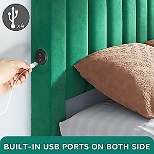 YITAHOME Queen Size Bed Frame, Green Upholstered Bed Frame with USB Ports, Vertical Channel Velvet Headboard Platform Bed Frame, No Box Spring Needed, Easy Assembly