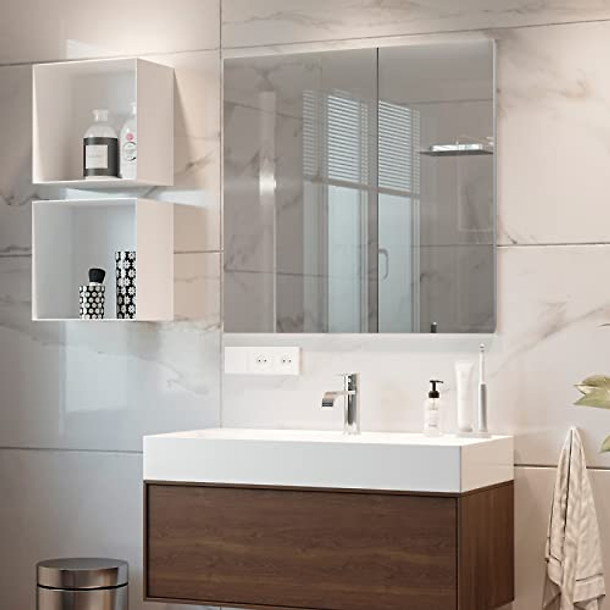 Fundin Stainless Steel Medicine Cabinet, Bathroom Mirror Cabinet, Surface Mount and Recess Mount, 23.6 x 25.6 inch, with Unique Half-Shelves for Greater Storage adjustability
