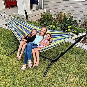 Prime Garden Cotton Rope Hammock with Space Saving Steel Hammock Stand, 2 Person Double Freestanding Hammock with Carry Bag for Outdoor Patio Yard Backyard 450 lb Capacity Oasis Stripe