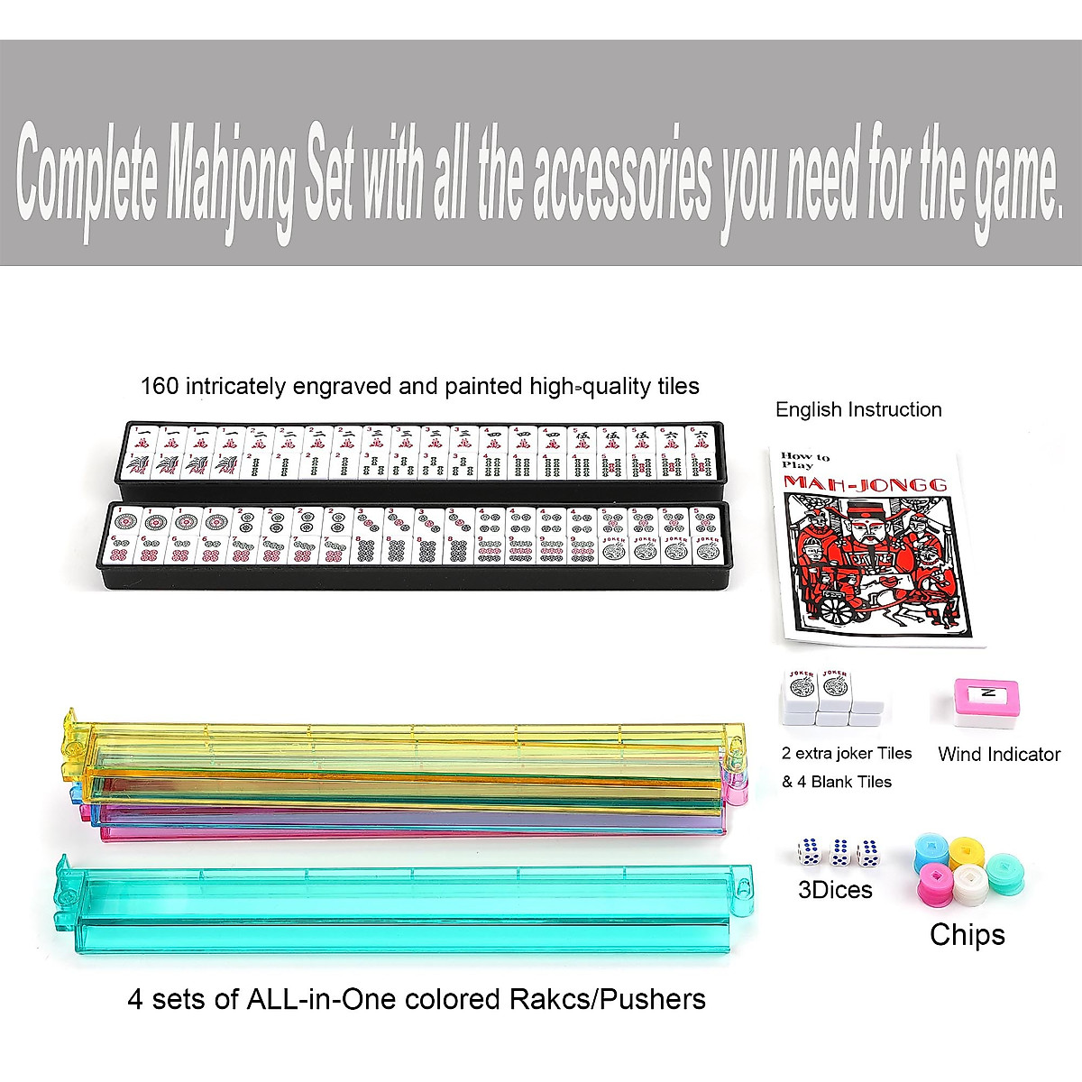 Mose Cafolo American Mahjong Game Set, Blue Paisley Carrying Bag,166 Premium White Tiles,4 All-in-One Color Rack/Pushers,100 Chips,1 Wind Indicator, Complete Mah Jong Tiles Set, Mah Jongg Set