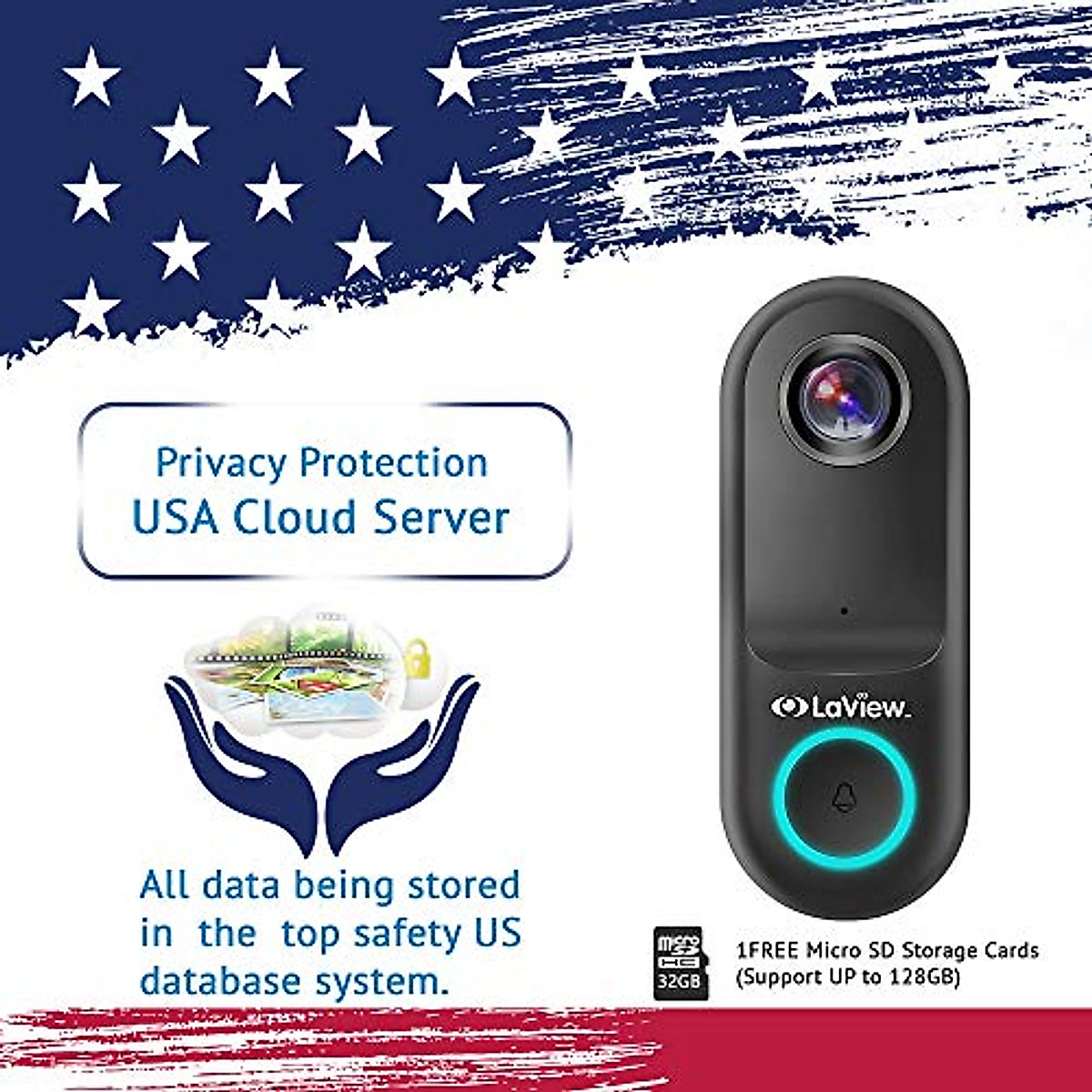 LaView WiFi Video Doorbell Camera, with 32GB SD Card, 1080P Video AI Human Detection, Night Vision, 2-Way Audio, IP65 Waterproof, Easy Installation (Requires Existing Doorbell Wires) USA Cloud Server