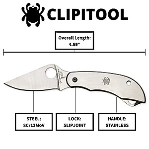 Spyderco ClipiTool Folding Utility Knife with Stainless Steel Handle Plain and Serrated Edge, Full-Flat, 8Cr13MoV Steel Blade and SlipJoint System - C176P&S