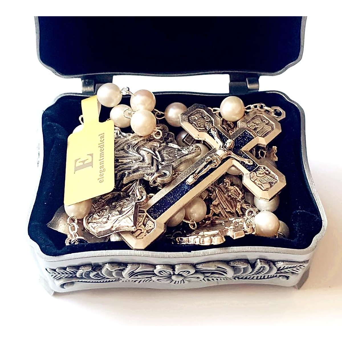 elegantmedical Stations of the Cross Prayer Rosary Real White Pearl Beads Necklace Catholic Gifts Box