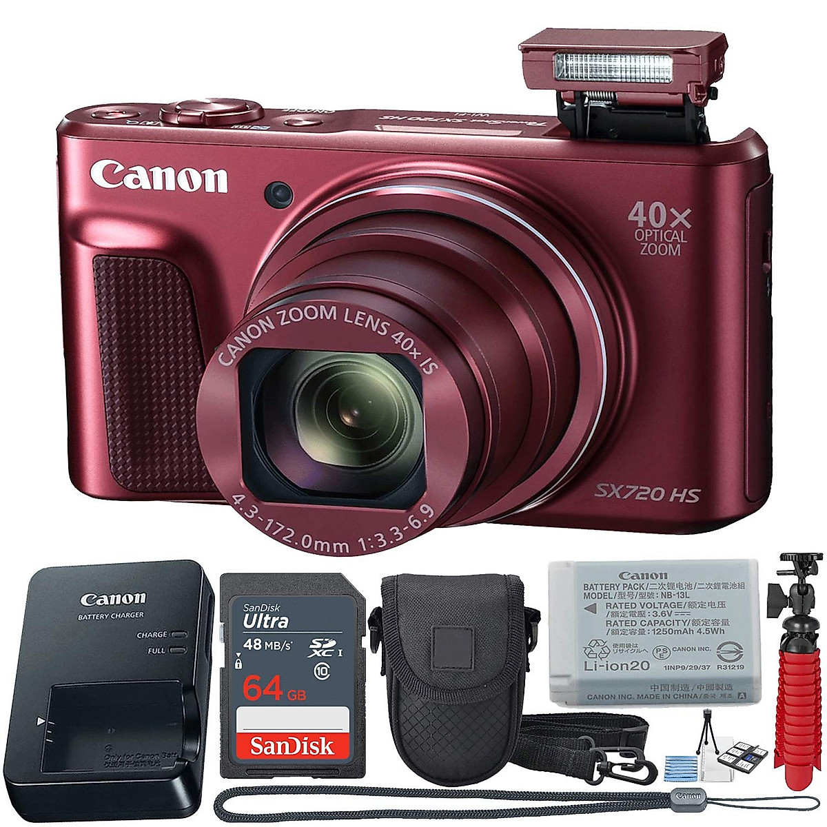 Canon PowerShot SX720 HS 20.3 MP Wi-Fi Digital Camera with 40x Optical Zoom & HD 1080p Video (Red) 11 Piece Value Bundle