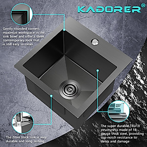 15 x 15 Inch Black Drop In Kitchen Bar Sink, Small Kitchen Sink Single Bowl Topmount Bar Prep Sink 18 Gauge Stainless Steel Bar Sink with Grid and Basket Strainer