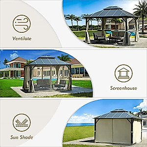 MELLCOM 12x20ft Hardtop Gazebo, Permanent Outdoor Patio Gazebo with Double Aluminum Composite Roof for Patio Lawn and Garden, Curtains and Netting Included