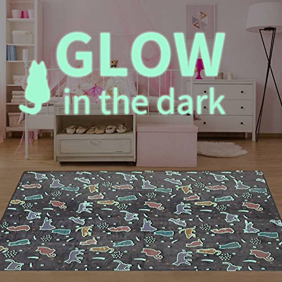 QH Colorful Cats Pattern Glow in The Dark Area Rug Area Rug for Living Room Bedroom Playing Room Size 5'x6'