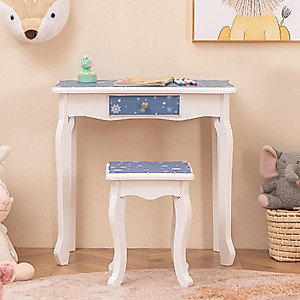 Olakids Kids Vanity Set, 2 in 1 Wooden Princess Makeup Table and Chair Set with Detachable Tri-Folding Mirror Storage Drawer, Snowflake Themed Girls Pretend Beauty Dressing Play Toy Gift (Blue)