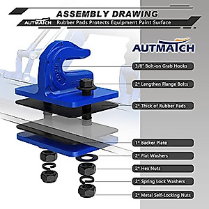 AUTMATCH Tractor Bucket Grab Hook 3/8" (2 Pack) - Grade 70 Forged Steel Bolt On Grab Hook Tow Hook Mount with Backer Plate and Rubber Pad, Max 18,000Lbs Work for Loader, Tractor Bucket, Truck, Blue