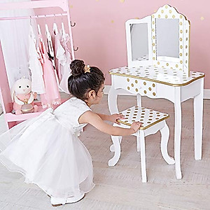 Fantasy Fields Teamson Kids Pretend Play Kids Vanity Table and Chair Vanity Set with LED Mirror Makeup Dressing Table with Drawer Fashion Polka Dot Prints Gisele Play Vanity Set White/Gold