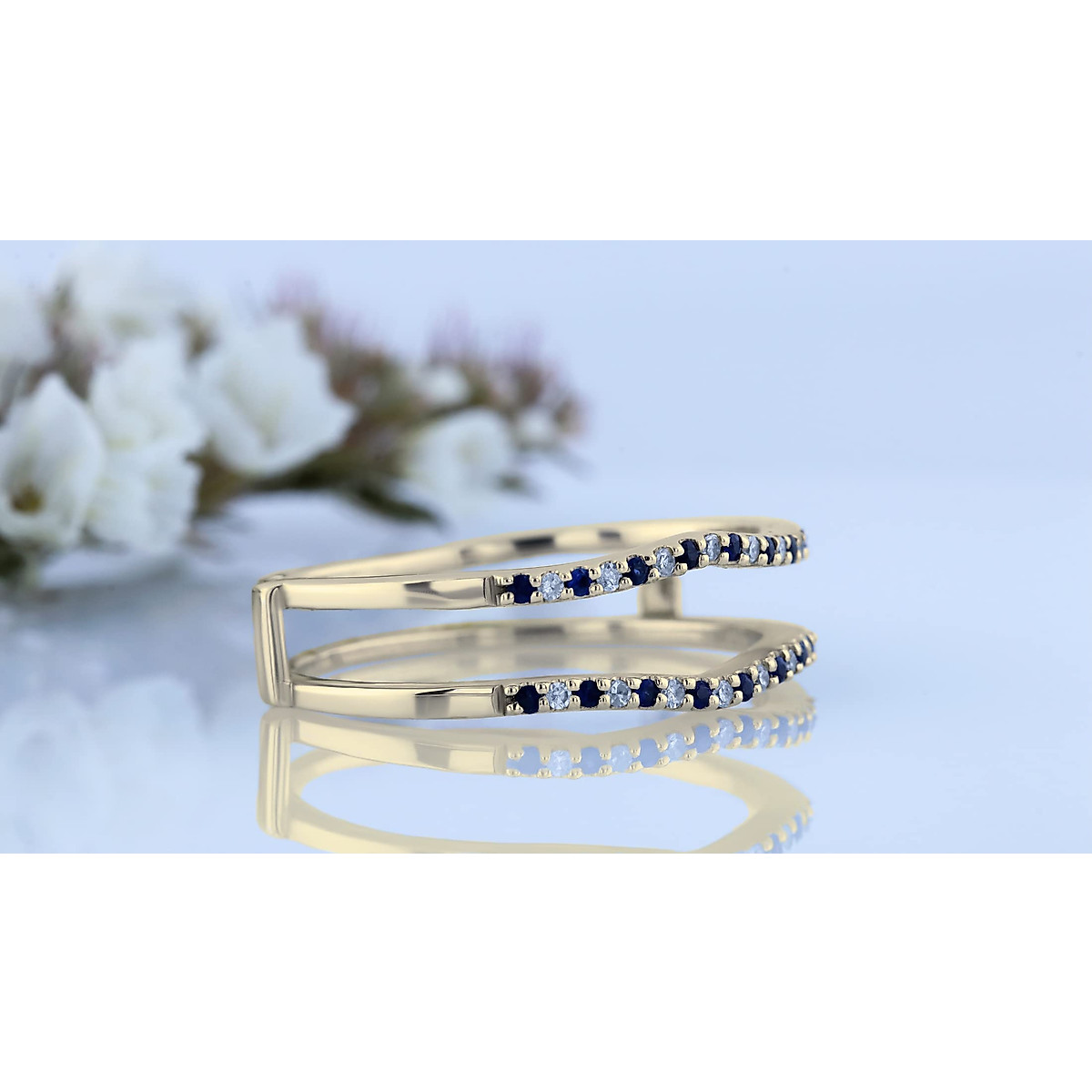 Dazzlingrock Collection Round Alternate Blue Sapphire & White Diamond Wedding Enhancer Guard Ring for Women in 14K Yellow Gold, Size 6