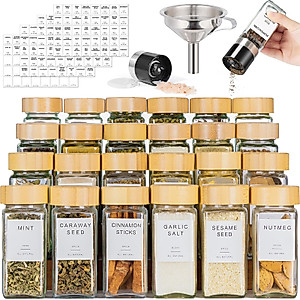 Weselljars 24 Pcs Spice Jars with Label, Thickened Glass Seasoning Jars with Bamboo Lids, Airtight Sealing Seasoning Bottles with Silicone Funnel for Easy Refilling, Spice Jars with Shaker Lids (24 Pcs Spice Jars)