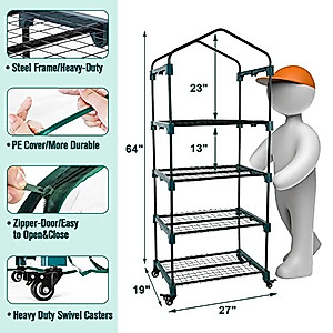 Worth Garden Upgraded 4 Tier Mini Greenhouse w/Castors Wheels - Portable Small Gardening Green House w/Clear PVC Cover - Heavy Duty Swivel Castors w/Brakes - 65''H x 27''L x 19''W Indoor & Outdoor