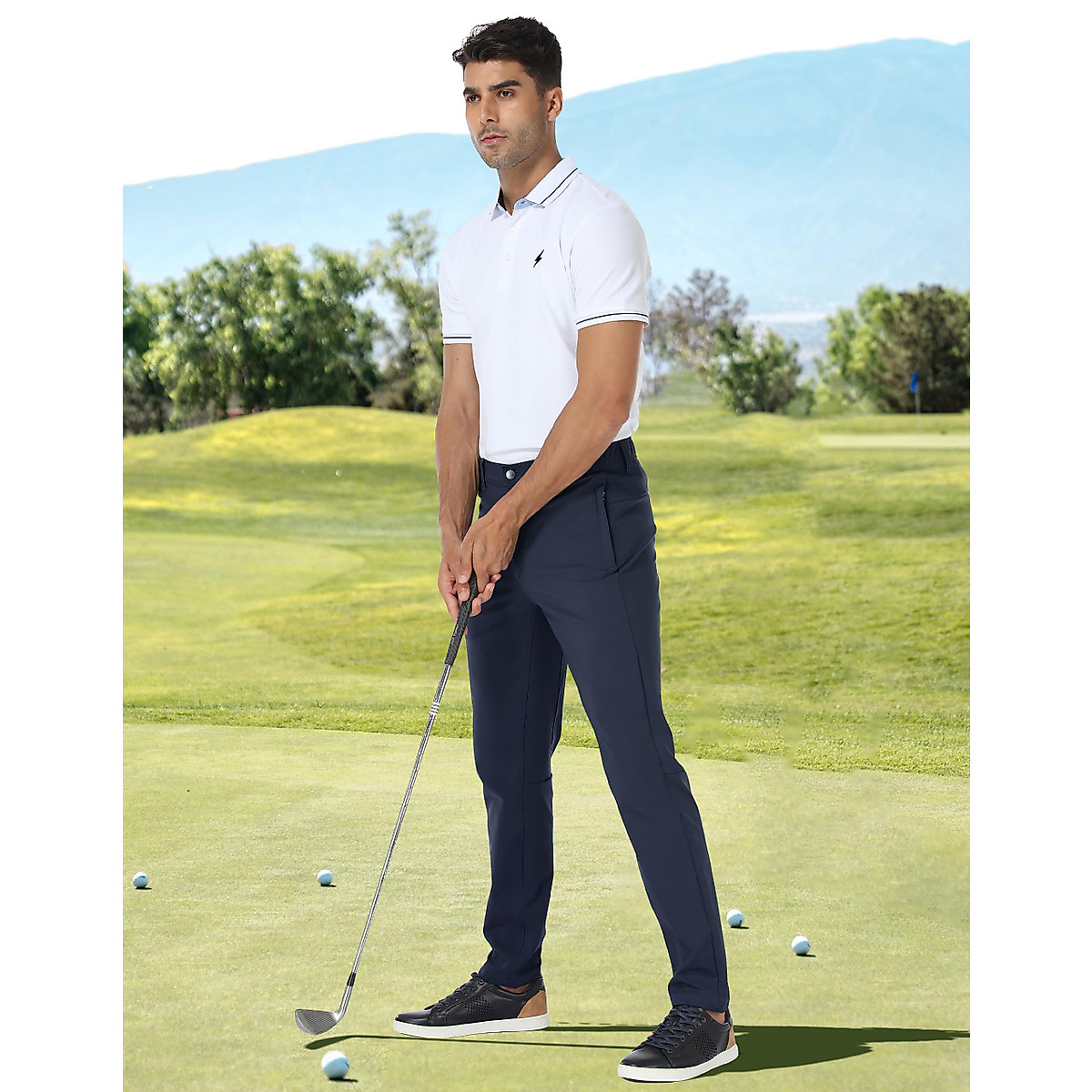 Mens Work Pants Golf Slim Fit Dress Business Casual Pants Waterproof High Waisted Tapered Pants with Pockets Navy,32Wx32L