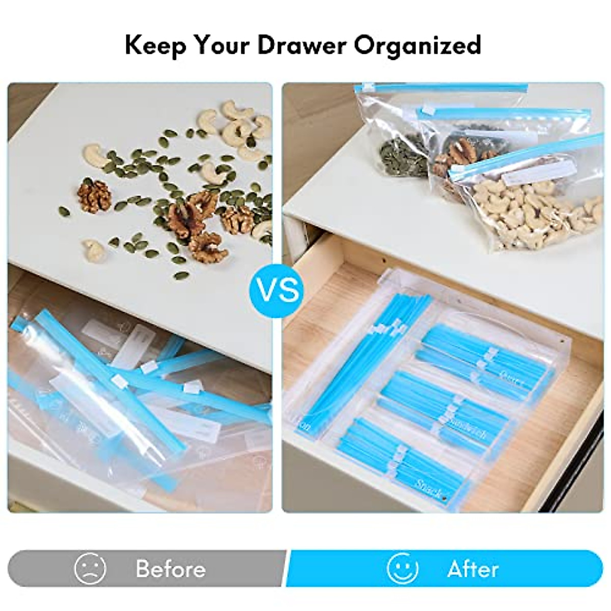 Ziplock Bag Storage Organizer, Acrylic Kitchen Drawer Baggie Box ,Compatible with Gallon, Quart, Sandwich and Snack Variety Size Bag (White)