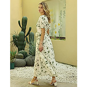 YESNO Women's 2023 Summer Casual Square Neck Floral Dress Ruffle Puff Short Sleeve Belted Maxi Dress with Pockets L E16 CR355