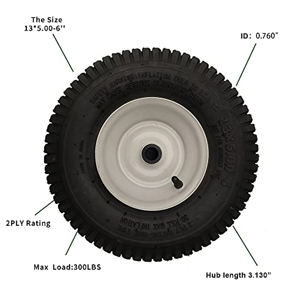 2 Pack 13x5.00-6 Lawn Tractor Pneumatic wheel,Wheelbarrow tire Turf Tread,3.13" hub length with steel rim,Flange ID 0.76''