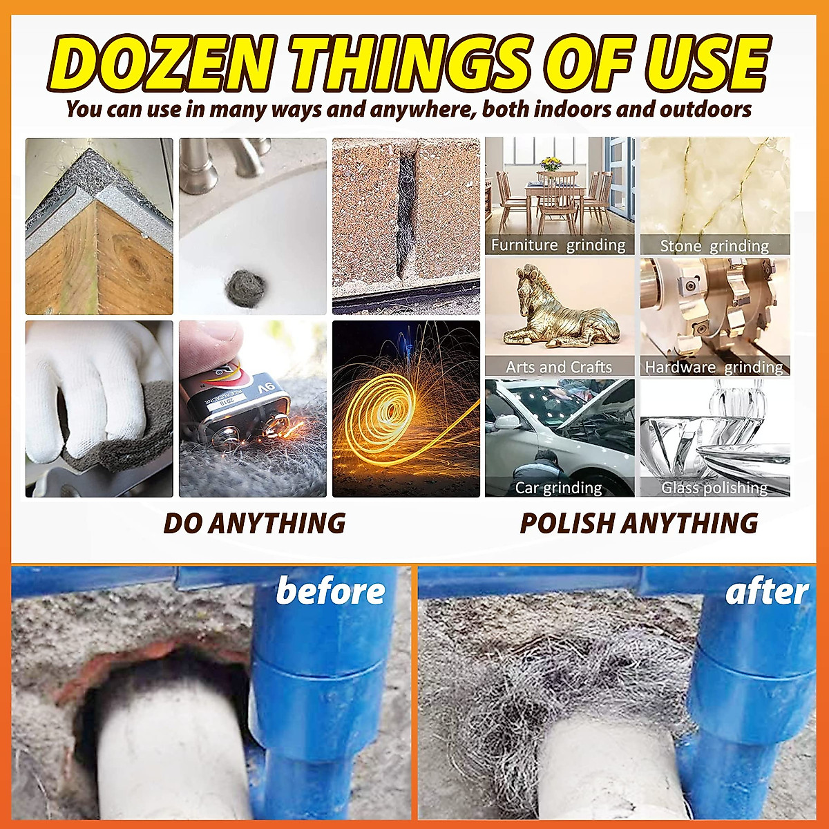 Steel Wool Mice Fabric Roll Control 2 Pcs Total (3.2”x 22.5 Feet) - Gap Fill Fabric - Block Holes, Wall Cracks, Cleans Rusty Tools, Hardware DIY Kit - One Pair of Gloves and Scissor Included