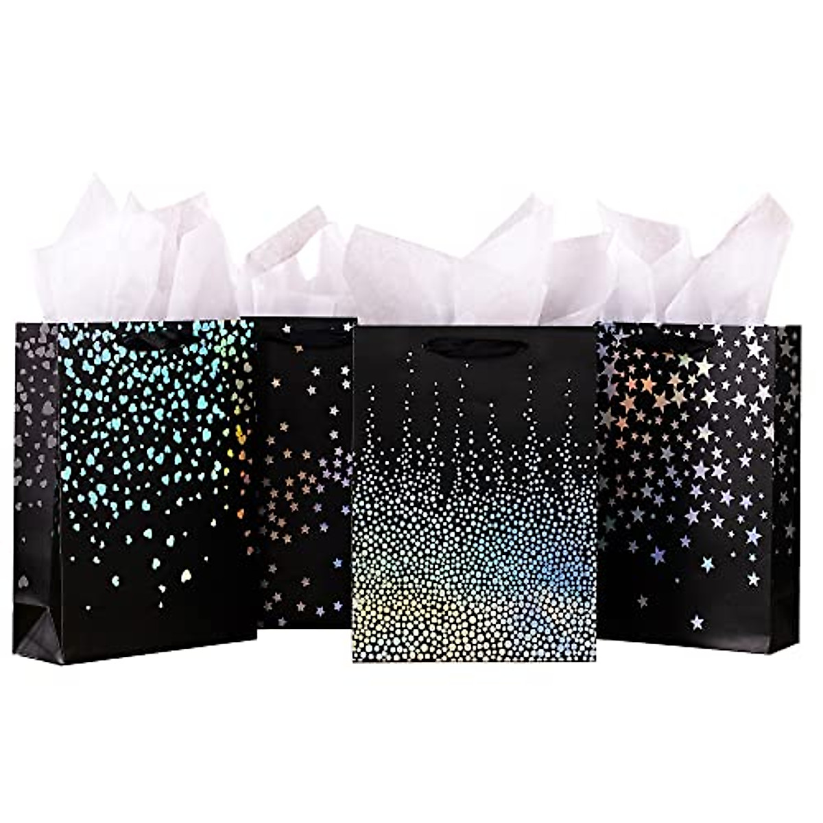 OfficeCastle 4 Pack Large Black Gift Bags with Tissue Paper, 13" Gift Bags with Star Pattern, Perfect for Birthdays, Showers, Weddings and Parties | 10" Lx5 Wx13 H, Thick Paper Bags