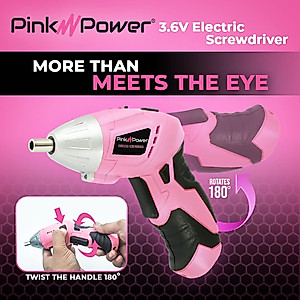 Pink Power Cordless Screwdriver Set - 3.6V Electric Screwdriver Rechargeable Screw Gun Kit - Automatic Mini Pink Drill Set for Women - Portable Small Drill Battery Powered Screwdriver LED Light