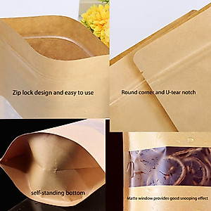 illuzoon Personalized White kraft Stand Up Pouch Bags with Matte Window,Zip Lock Resealable Bags,Reusable Packaging Bags for Small Business & Home Use-50pcs (Kraft)