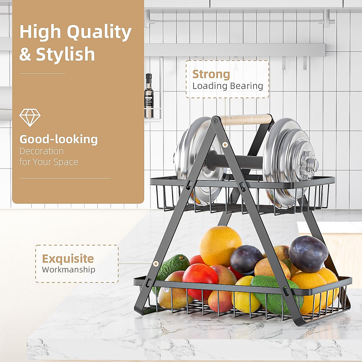 Foensc 2 Tier Fruit Basket, Upgraded Fruit Bowl, Detachable Metal Fruit Holder Vegetable Basket for Kitchen Counter, Large Capacity Fruit Storage Stand Organizer for Produce Bread Snack, Black