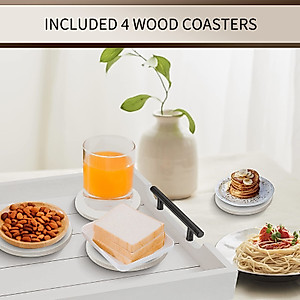 SXNOWS White Wooden Coffee Table Tray - Large Ottoman Tray for Living Room - White Wooden Serving Tray with Handles(2 Sets) - Wooden Serving Tray for Ottoman, 4 Round Coasters Included
