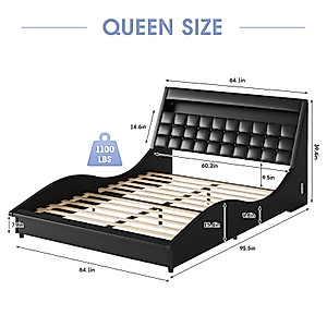 Fameill Queen Size LED Bed Frame with Bluetooth Speaker, PU Leather Upholstered Platform Bed Frame with Charging Station, Wave-Like Curve Design, Easy Assembly, Noise Free, No Box Spring Needed, Black
