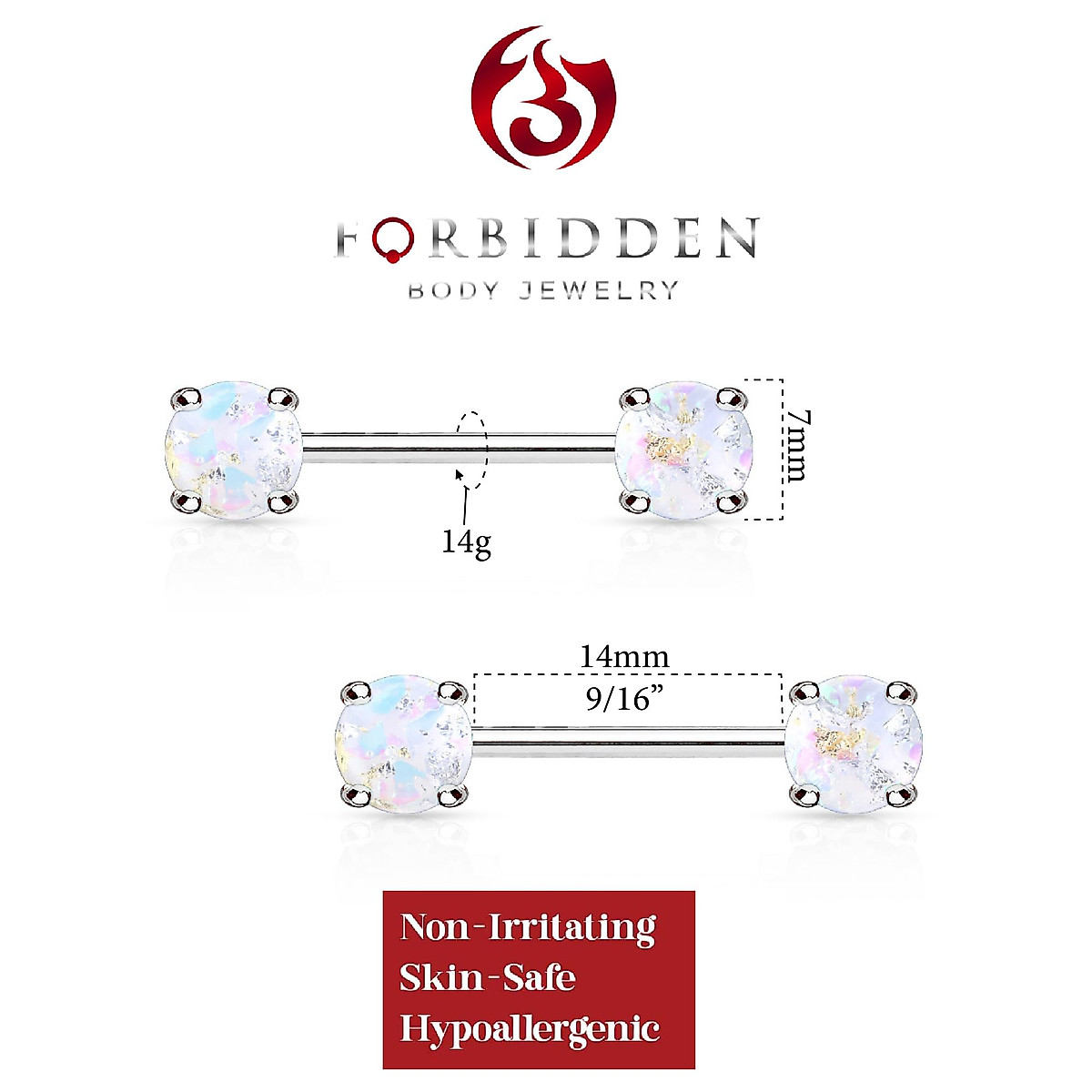 Forbidden Body Jewelry Pair of Surgical Steel 9/16 Inch (14mm) Glittery Faux Opal Stone Sexy Nipple Barbells, Clear