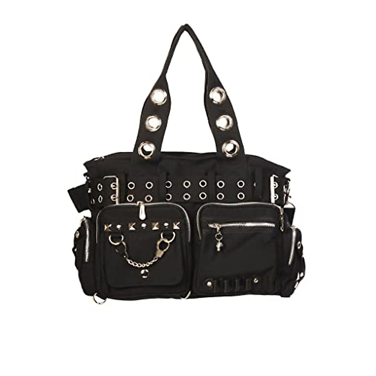 Lost Queen Striped Punk Rock Steampunk Purse with Handcuff Skull Charm (Solid Black)