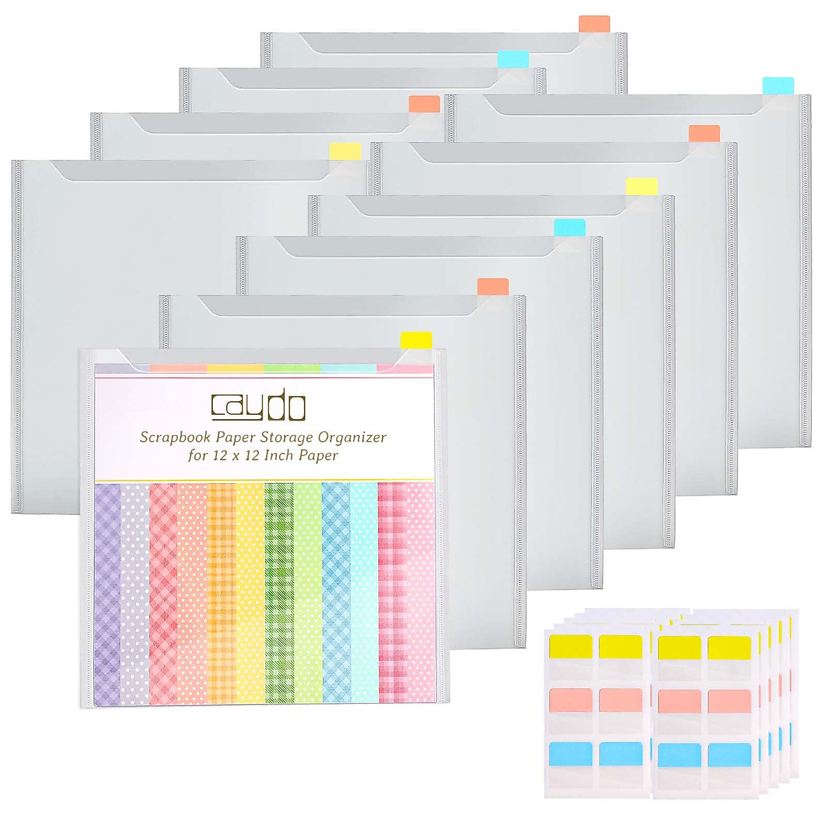 Caydo 50 Pieces Scrapbook Paper Storage Organizer with 120 Pieces Sticky Index Tabs Scrapbook Paper Storage Bags for Holding 12 x 12 Inch Scrapbook Paper, Paper Files, Vinyl Paper and Cardstock