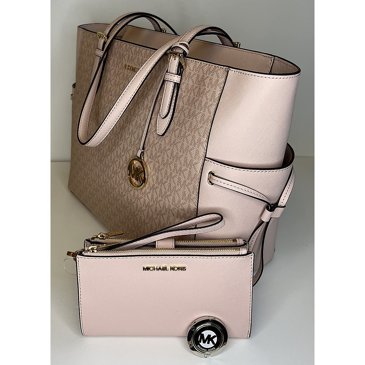Michael Kors MICHAEL Michel Kors Gilly Large Drawstring Travel Tote bundled with Double Zip Wristlet Purse Hook (Signature MK Pink)