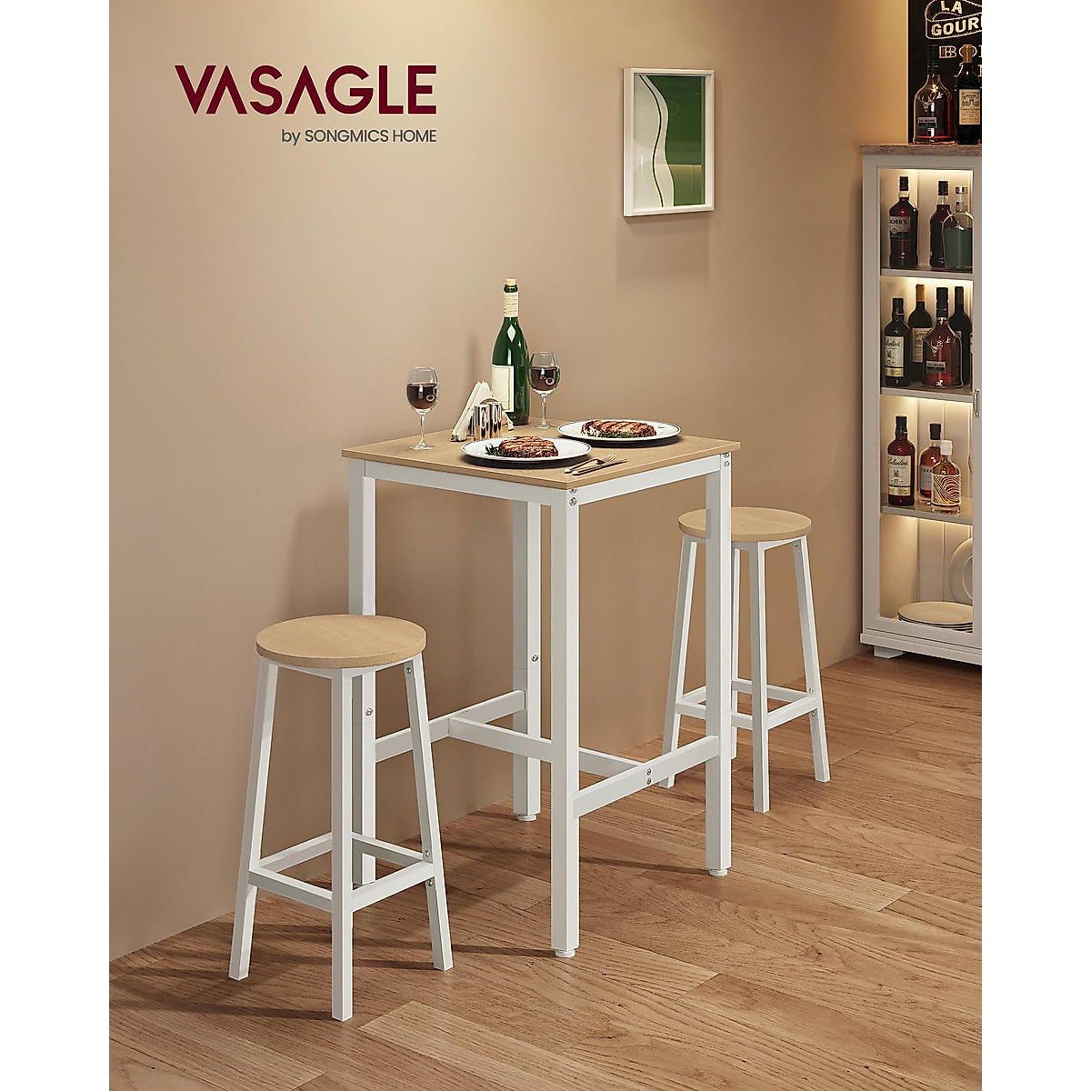 VASAGLE Bar Table, Small Kitchen Dining Table, High Top Pub Table, Height Cocktail Table for Living Room Party, Sturdy Metal Frame, 23.6 x 23.6 x 36.2 Inches for Narrow Spaces, Oak Beige and White