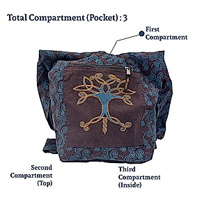 Fwosi Tote Large Handbags for Women - Pure Cotton Boho Shoulder Bag with 3 Compartments, Zippered - Bohemian Embroidered Washable Cloth Everyday Bags - Handmade in Nepal