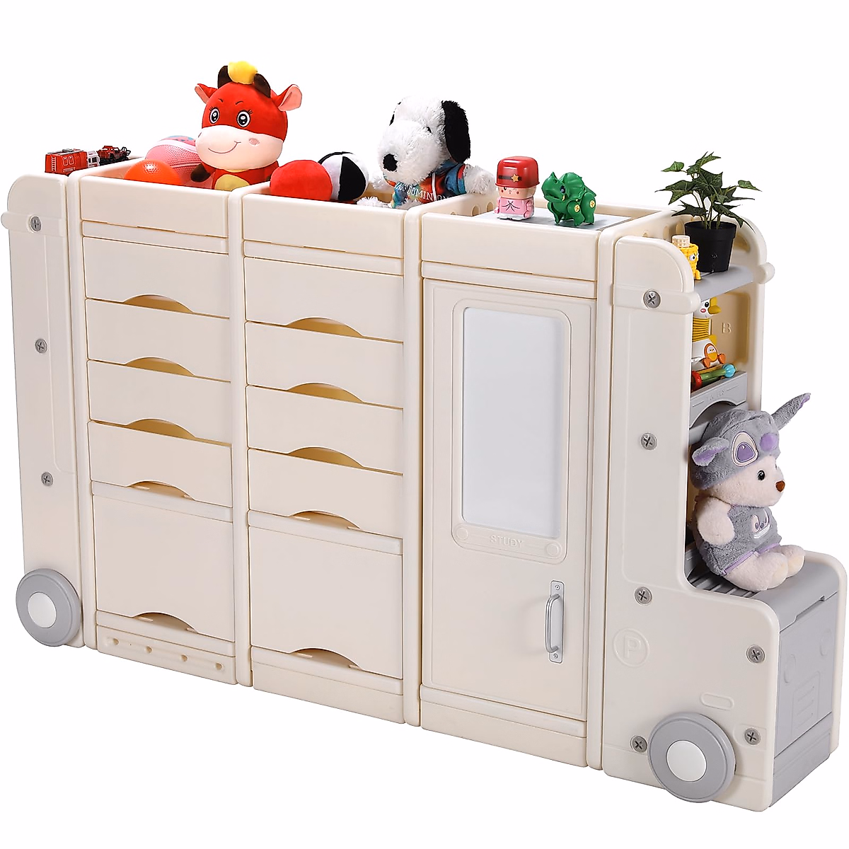 Arlopu Kids Toy Organizers and Storage Bins, Multi-Layer Storage Cabinet Organizer, Multipurpose Bookshelf and Toy Box, 1 Closed Cabinet & 10 Pull-Out Drawer for Playroom, Nursery, Large