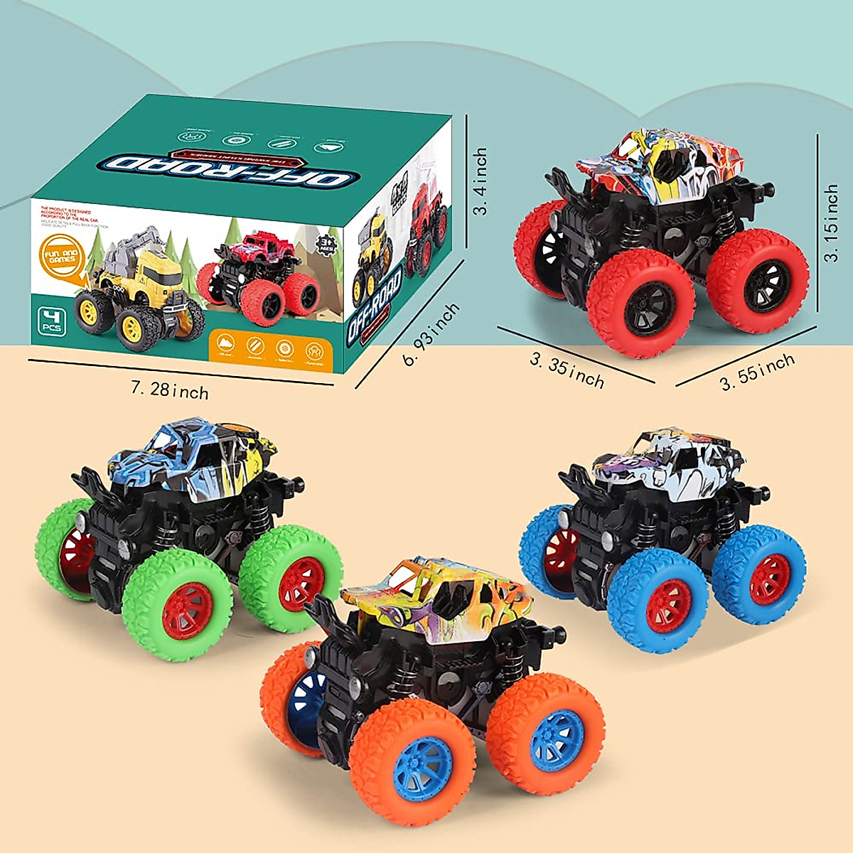 Chdutoys Chudutoys Monster Trucks for Boys Toy Cross Country Inertia Car Stunt Push Toys 3 4 5 Year Old Children Boy Girl Birthday Gift Pcs Car, 3.35x3.55x3.15