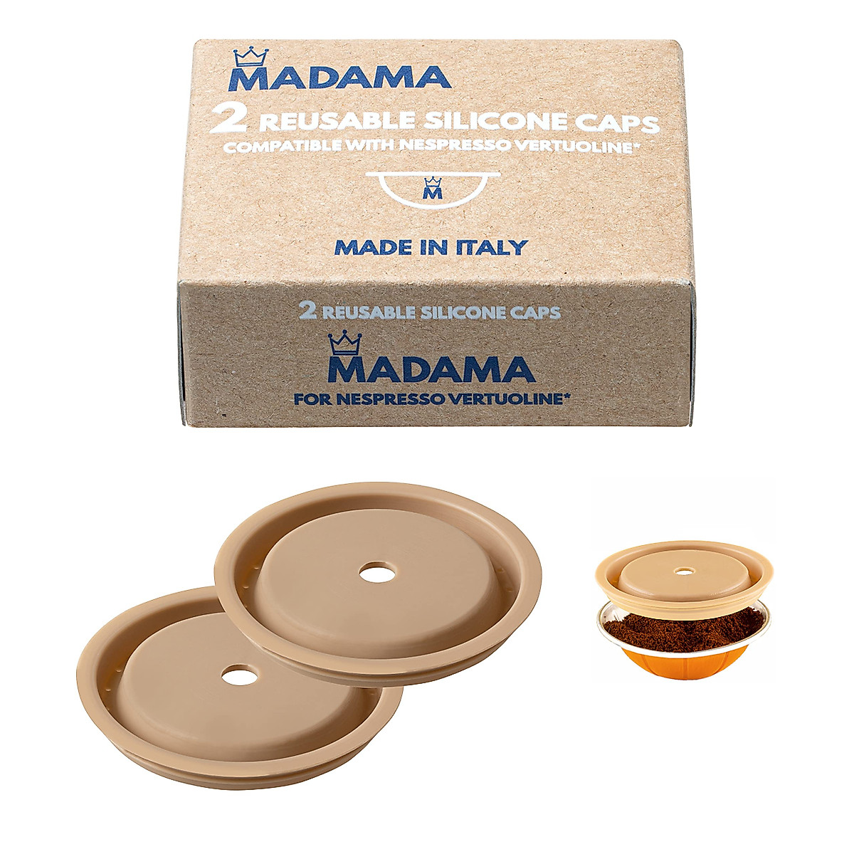 Madama - Reusable Cap for Nespresso Vertuo and VertuoLine Capsules, Refillable and Compatible. Food grade silicone. 100% Made in Italy. Pack of 2 caps.