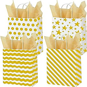 12 Pack Gift Bags with 12 Tissues,13x10.2x4.7 Inches Large Gift Bags Goodie Bags, Gold Medium Gift Paper Bags with Handles for Birthday Party Bags, Bussiness Bags, Wedding Bags, Valentines Day Christmas Gifts Bags(4 Styles)