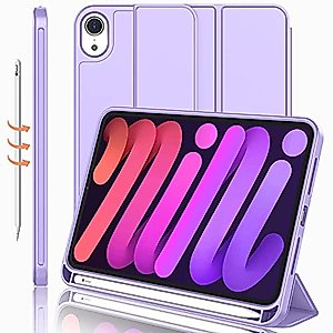 iMieet New iPad Mini 6 Case (8.3-Inch,2021 Model), iPad Mini 6th Generation Case with Pencil Holder [Support iPad 2nd Pencil Charging/Pair], Trifold Stand Smart Case with Soft TPU Back,Clove Purple