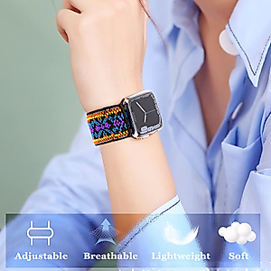 6 Packs Nylon Stretchy Bands Compatible with Apple Watch Bands 42mm 44mm 45mm for Women Girls, Adjustable Braided Solo Loop Sport Bands for iWatch Series 7 6 SE 5 4 3 2 1 Leopard Aztec Boho RedPink