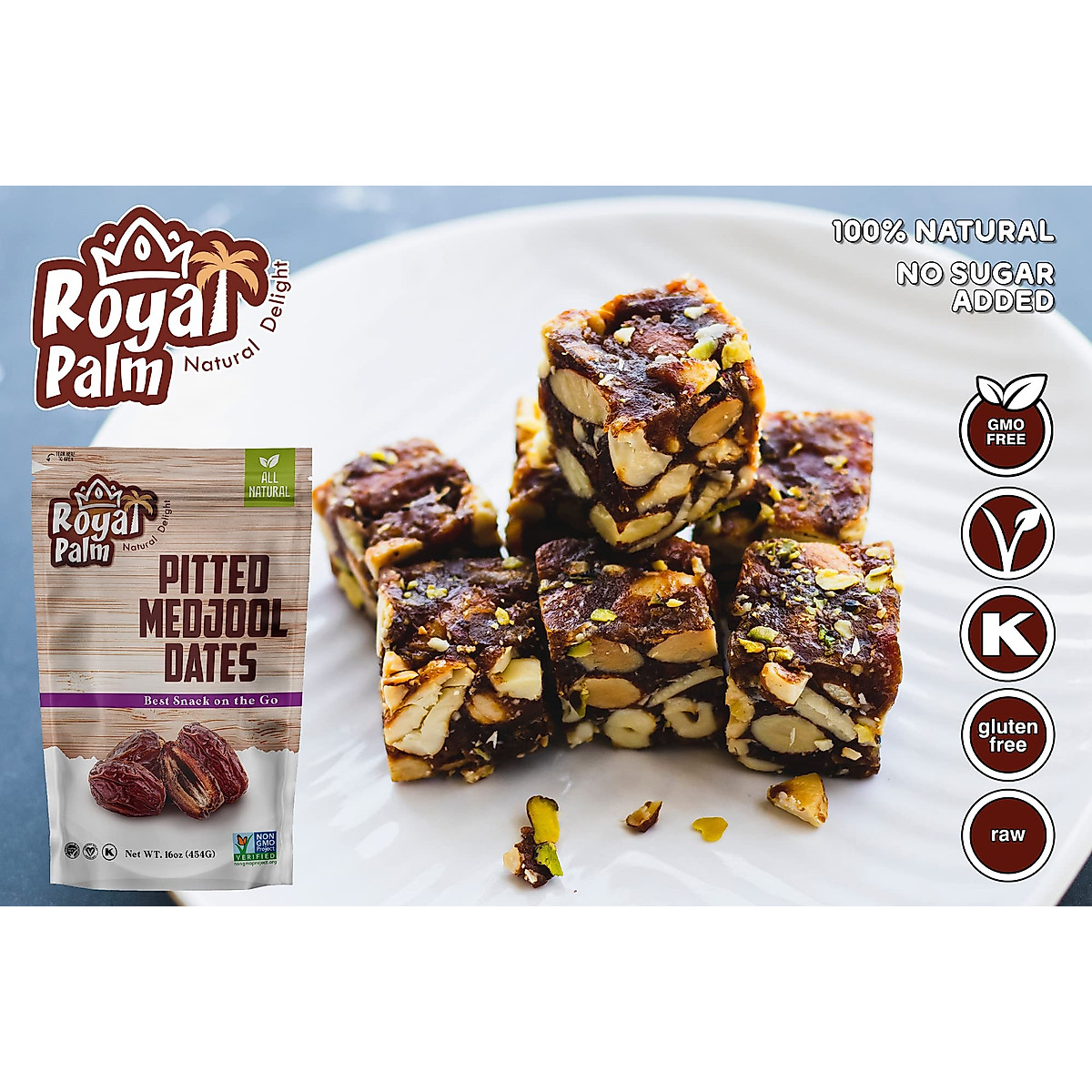 Royal Palm Pitted Medjool Dates, 16oz (Pack of 1) – 100% Natural, No Sugar Added, Non-GMO, Kosher, Fresh & Sweet – Ideal for Baking, Snacking, Energy Snacks, Healthy Eating