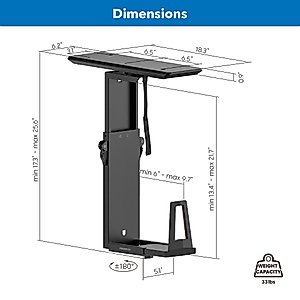 Mount-It! CPU Under Desk Mount Bracket, Height Adjustable Heavy Duty Computer Tower Desk Mount with Sliding Track, 44 lbs Weight Capacity, Adjustable Width and 360° Swivel Easy Cable Access, Black