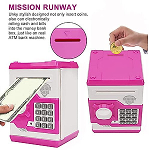 Renvdsa Cartoon Electronic ATM Password Piggy Bank Cash Coin Can Auto Scroll Paper Money Saving Box Gift for Kids (White Pink)