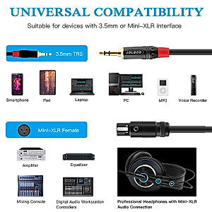 JOLGOO 3.5mm Stereo Audio Plug to Mini XLR Female Cable, 1/8" TRS Plug to 3-pin Mini XLR Female Headphones Audio Cable, 6.6 Feet