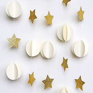HappyField White Gold Baby Shower Decorations 2Pcs Glitter Gold Star White 3D Circle Garland Rustic Baby Shower Decorations Birthday Party Decorations Wedding Decorations Bridal Shower Decorations