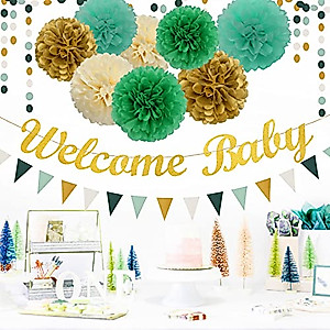 Sage-Green Beige-Gold Baby Shower Party-Decorations - 31pcs Kits Gender Neutral Boy Girl Welcome Baby Banner Flags,Tissue Paper Pom Poms,Tassel Streamers Garland Birthday Decor Panduola