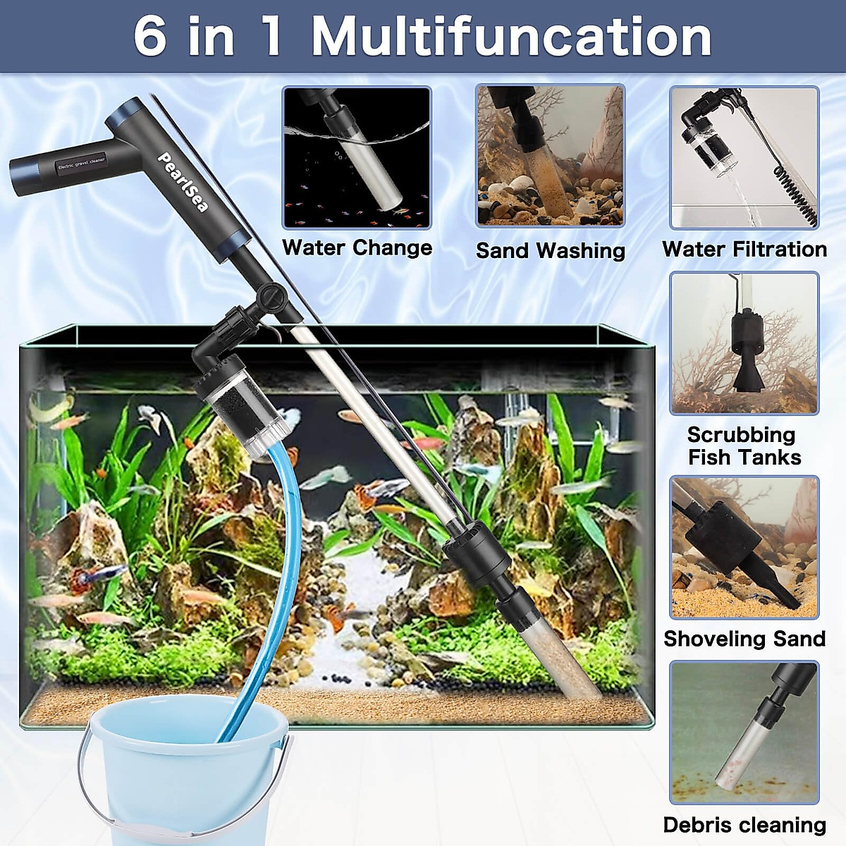 PearlSea Electric Aquarium Gravel Cleaner: 6 in 1 Electric Fish Tank Vacuum Gravel Cleaner for Automatic Water Changer Wash Sand Water Filter Water Circulation Remove Dirt Adjustable Water Flow